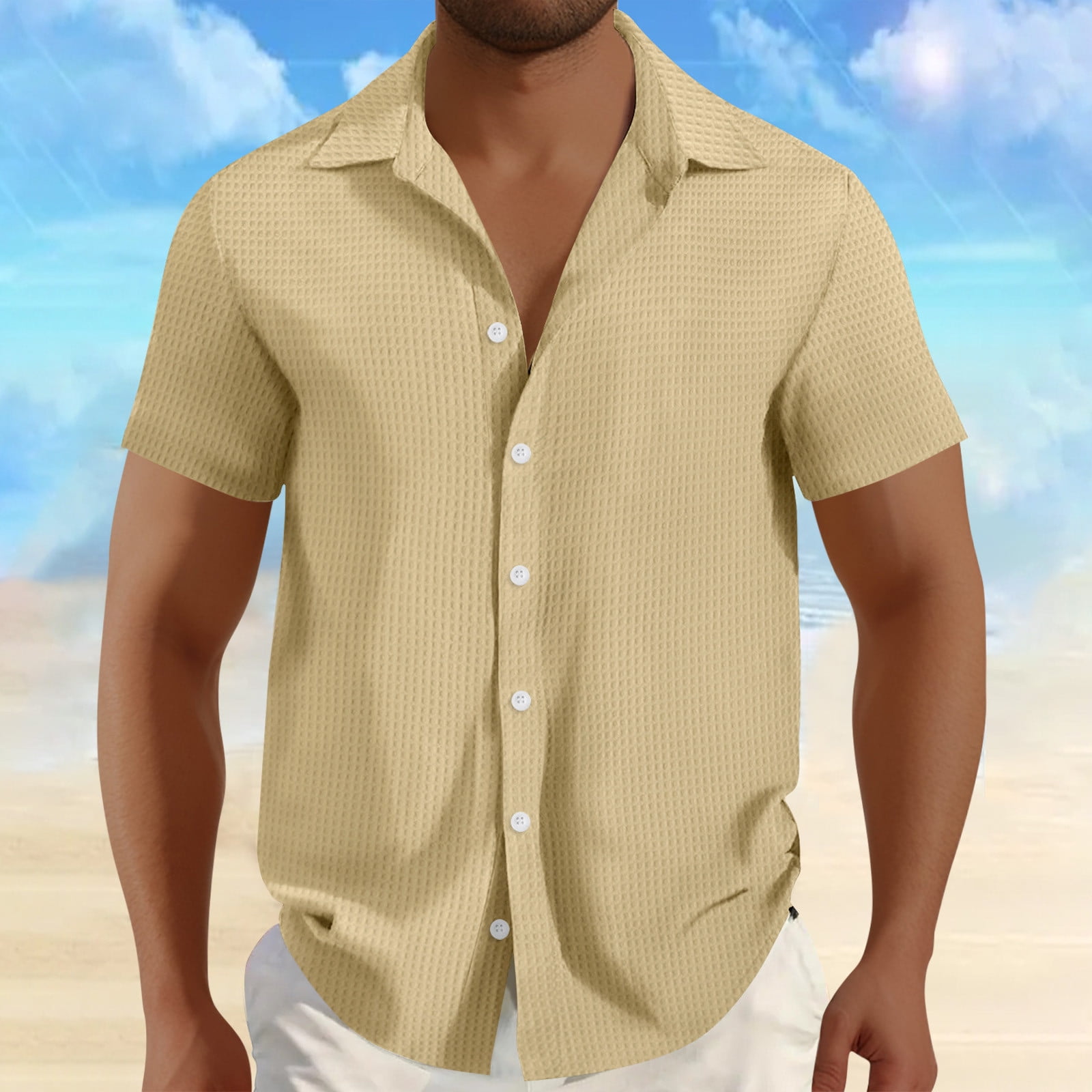 CaComMARK PI Men's Waffle Shirt Button Down Short Sleeve Shirt Loose Fit Cuban Beach Tops Button ...