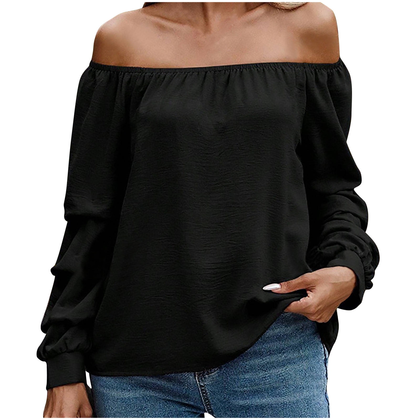 CaComMARK PI Sale Women's off Shoulder Tops Ruched Long Sleeve Round ...