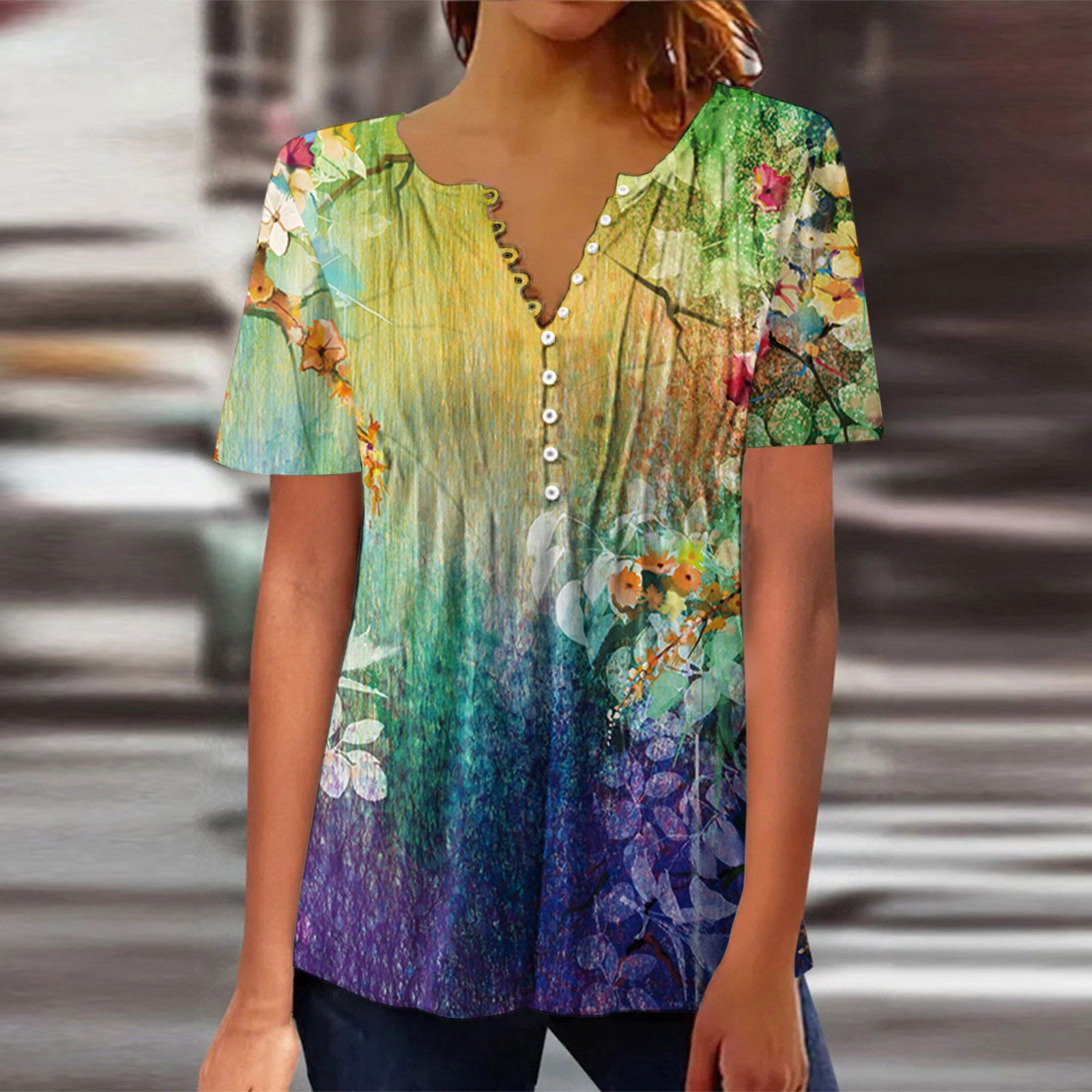 CaComMARK PI Tops for Women Women Casual Print Round Neck Loose Short ...