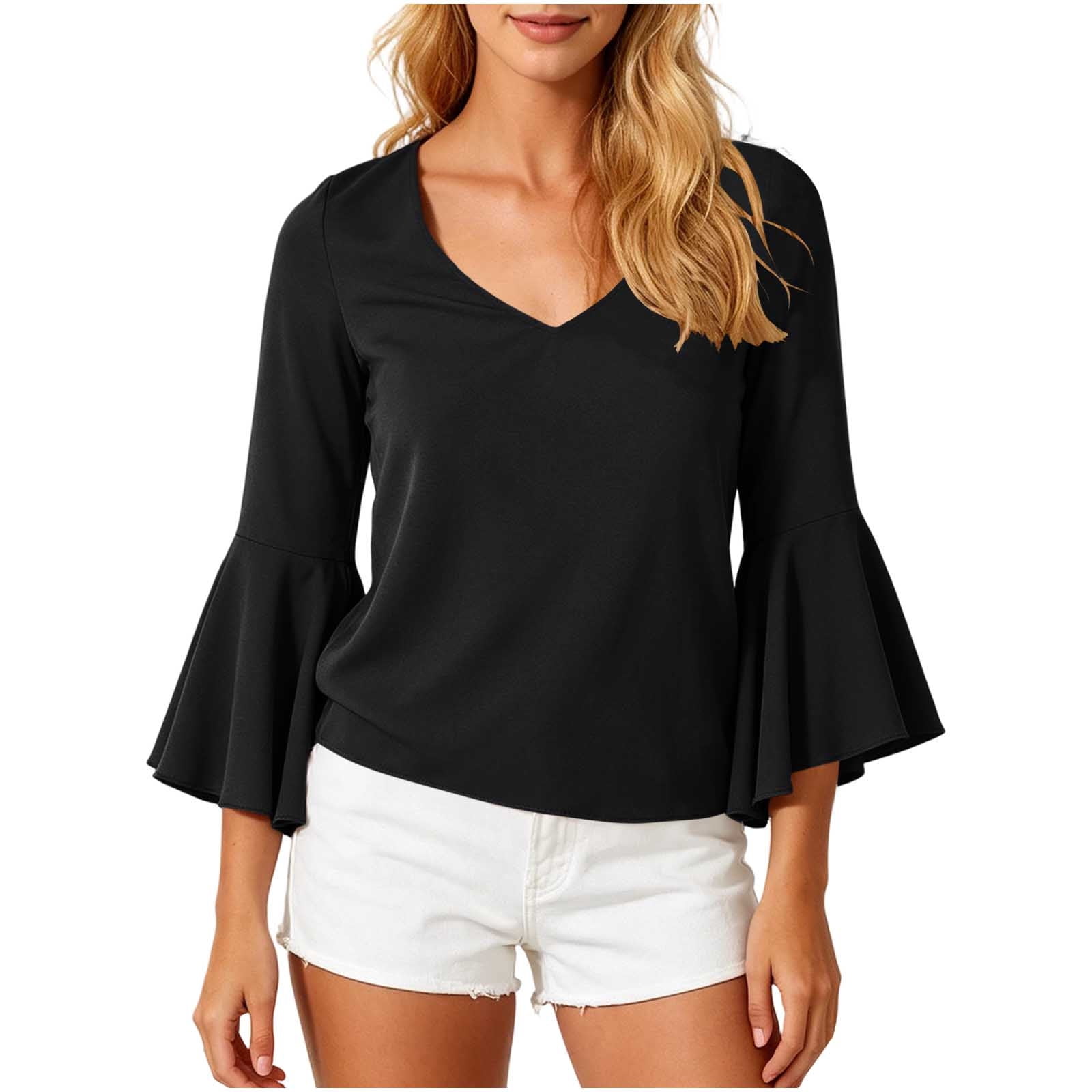 CaComMARK PI Women's 3/4 Ruffle Bell Sleeve Tops Cutout Bow Tie Back ...