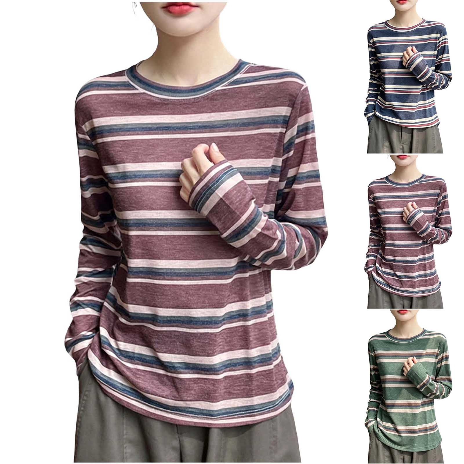 CaComMARK PI Women's Fall Long Sleeve Stripe Top Crew Neck Casual ...