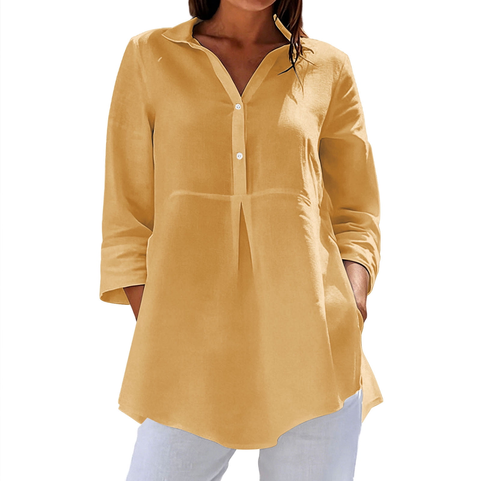 CaComMARK PI Women's Lapel Collar Button Down Shirts Oversized 3/4 ...