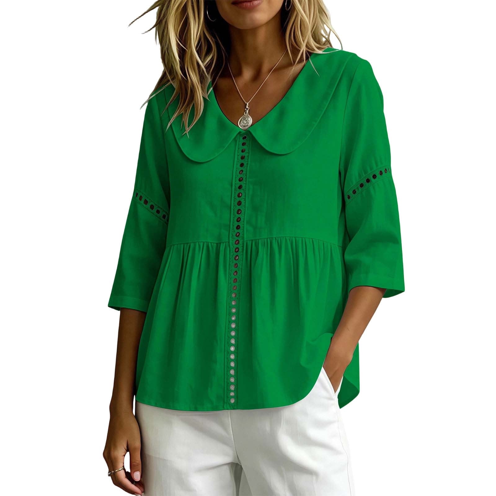 CaComMARK PI Women's Peter Pan Collar Half Sleeve Shirt Lace Trim ...