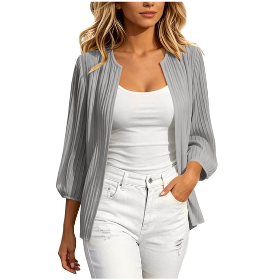 CaComMARK PI Women's Ribbed Puff 3/4 Sleeve Cardigan Lightweight Open ...