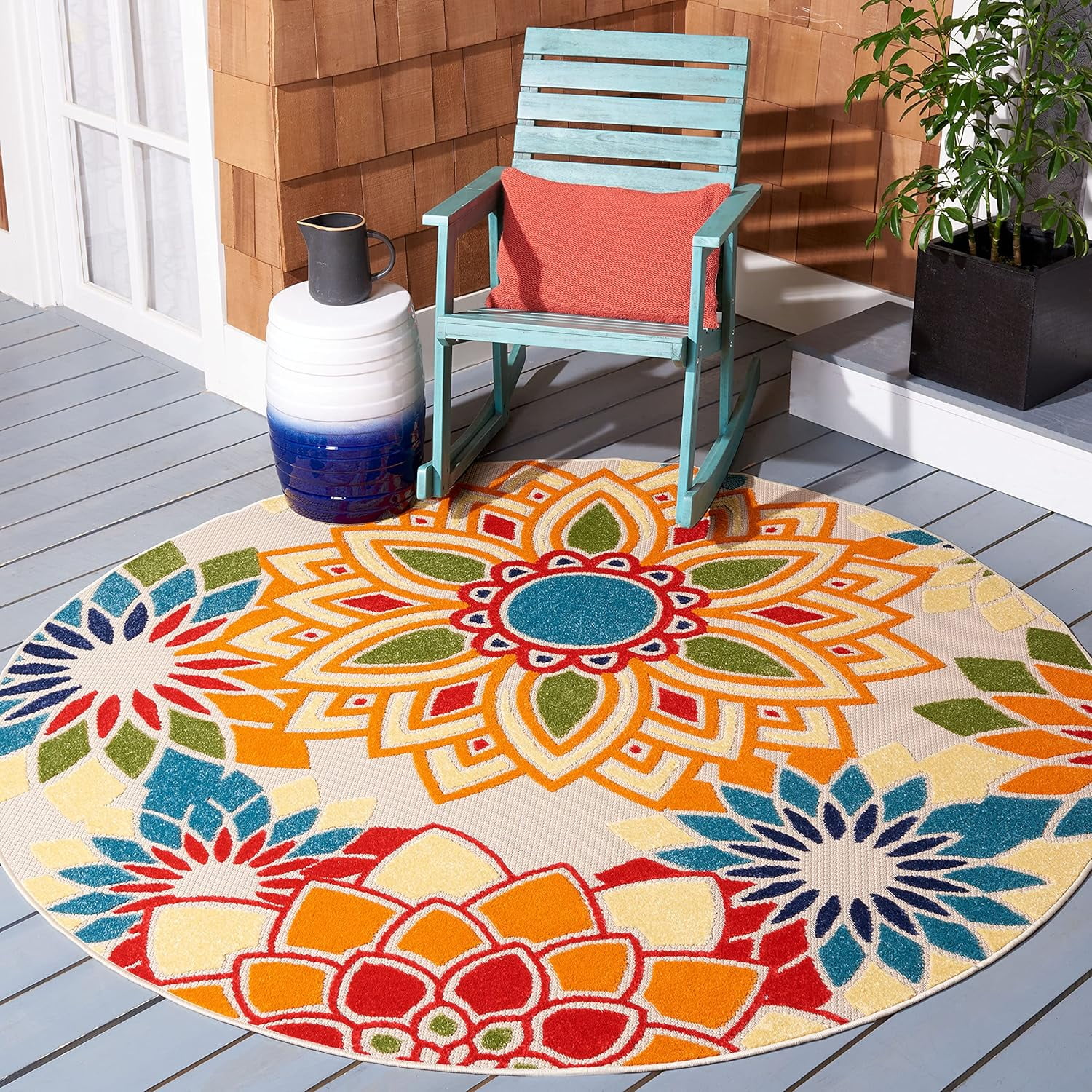 Cabana Collection 3' Round Ivory/Orange CBN328A Floral Indoor/Outdoor ...