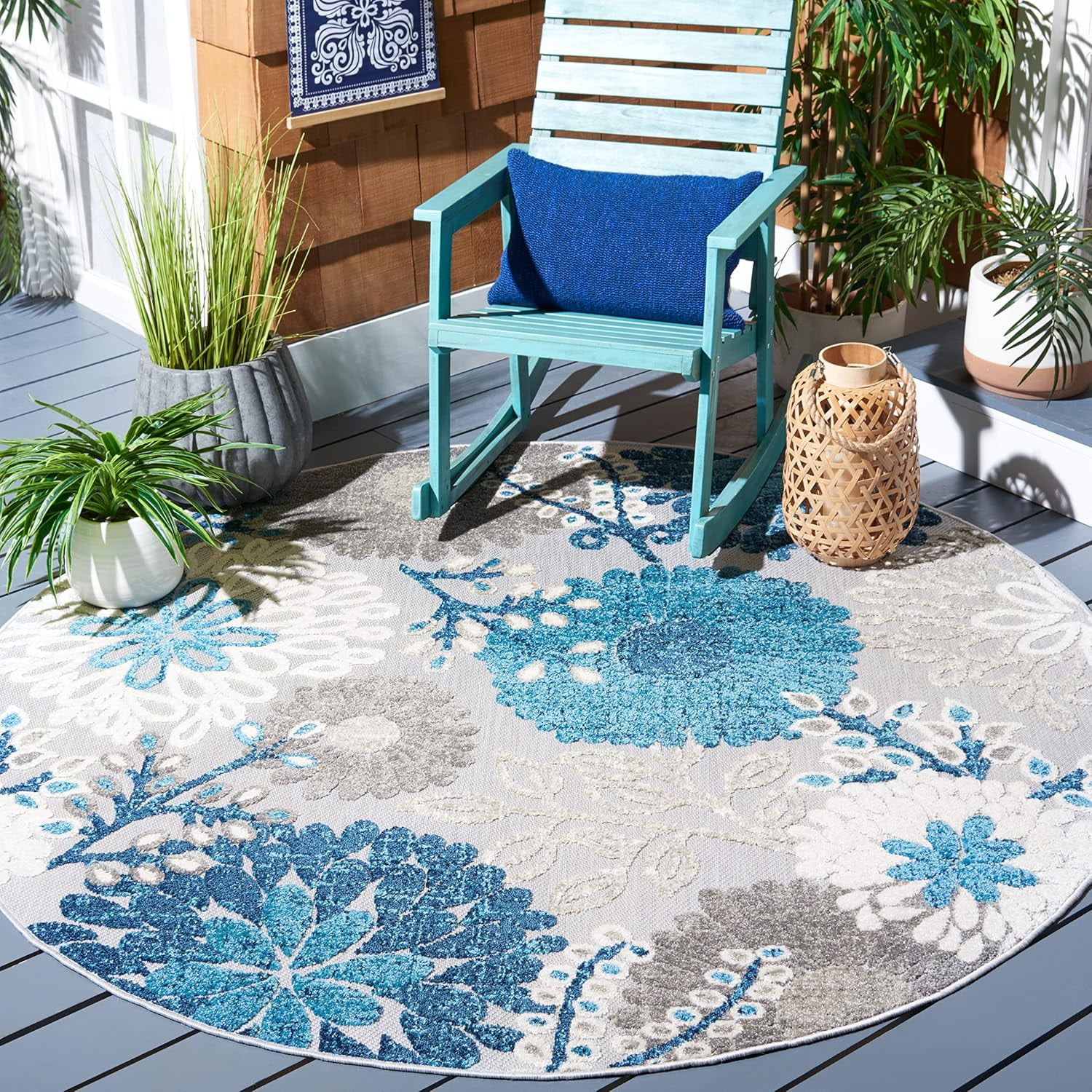 Cabana Collection 4' Round Grey/Navy CBN832F Floral Indoor/Outdoor Non ...
