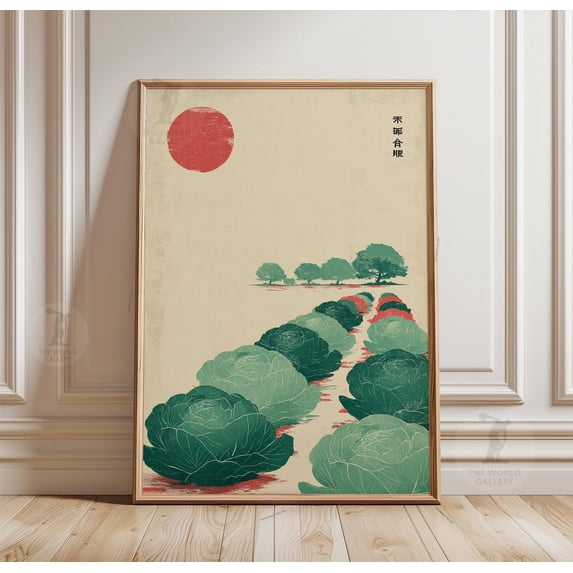 Cabbage Field Sunrise, Japanese Style Landscape, Linocut Poster, Poster ...