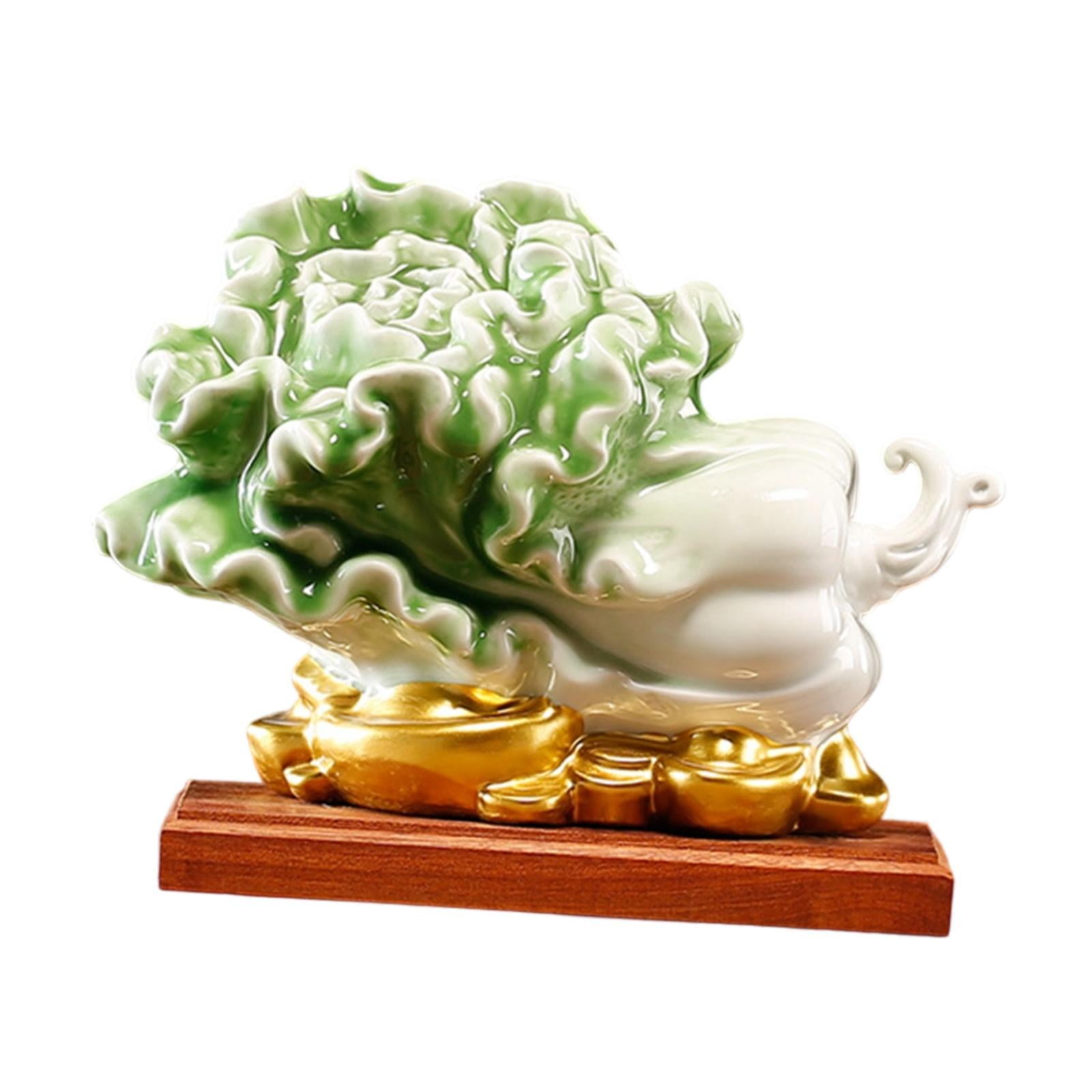 Cabbage Sculpture Ceramic Decor Ornament with Wooden Base Traditional ...