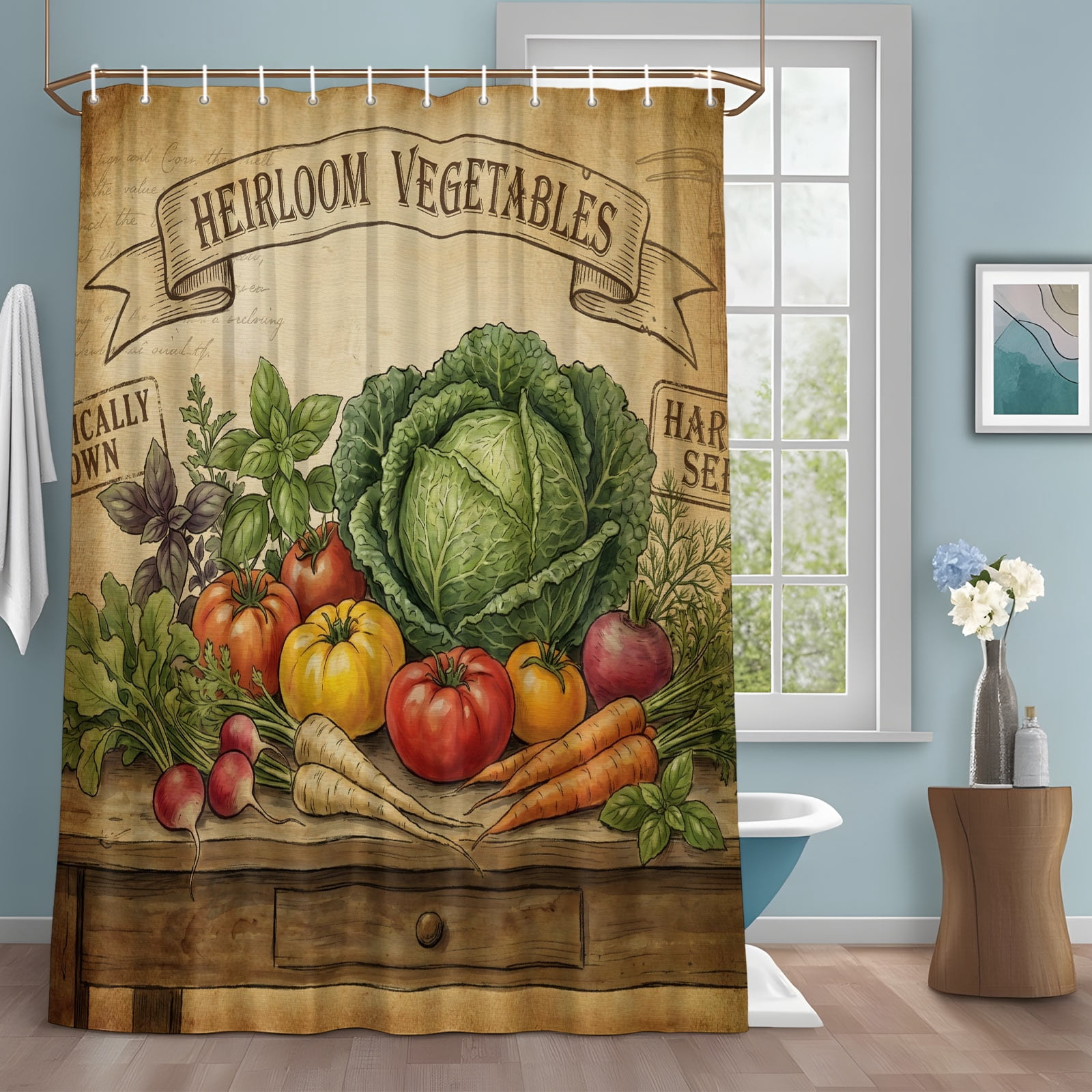 Cabbage Tomatoes Carrots Shower Curtain Set with Hooks, Onions Herbs ...
