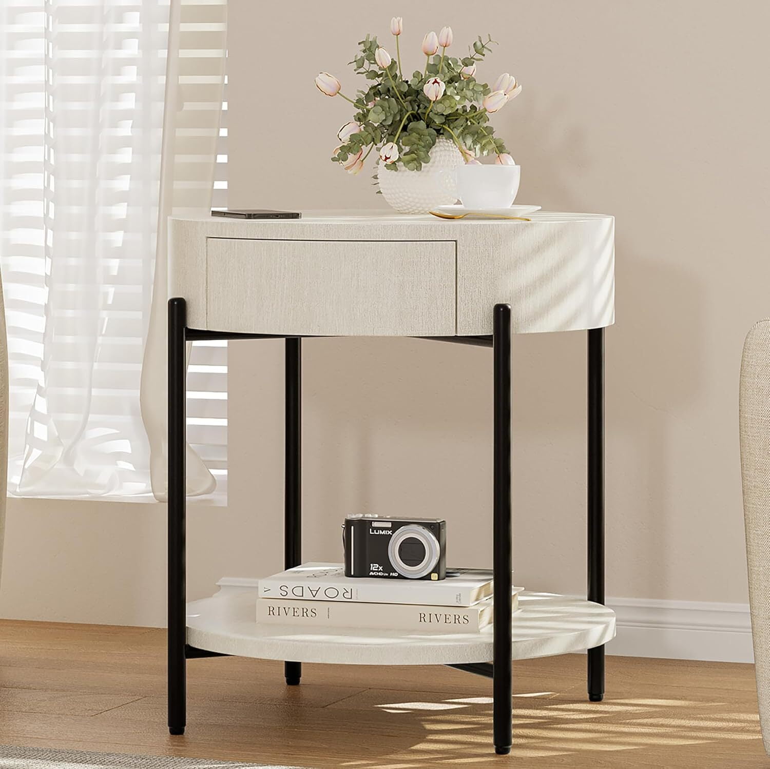 Cabihome End Table, Round Side Table with Drawer Wooden Bedside Table ...