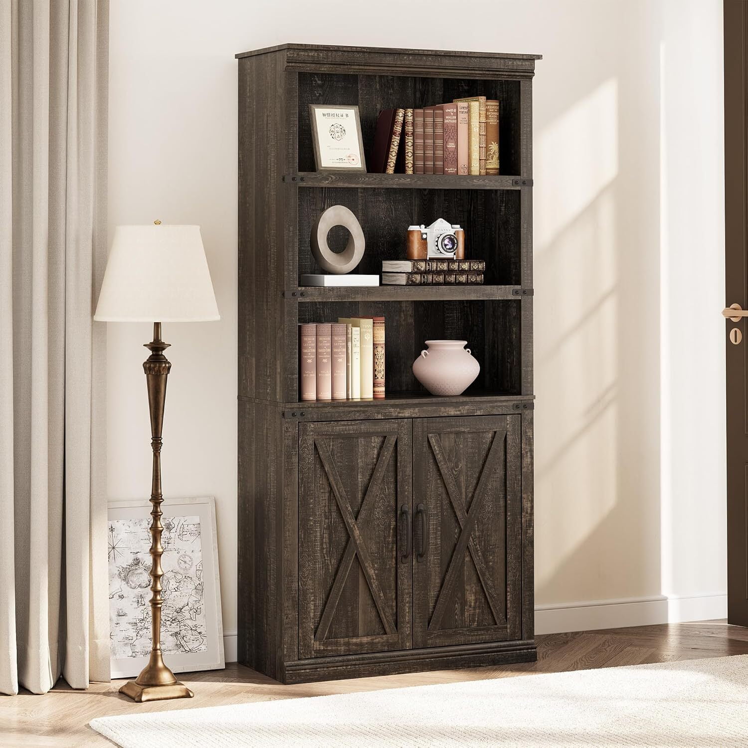Cabihome Farmhouse Bookcases, 70 inch Tall 5 Tier Wooden Bookshelf with ...