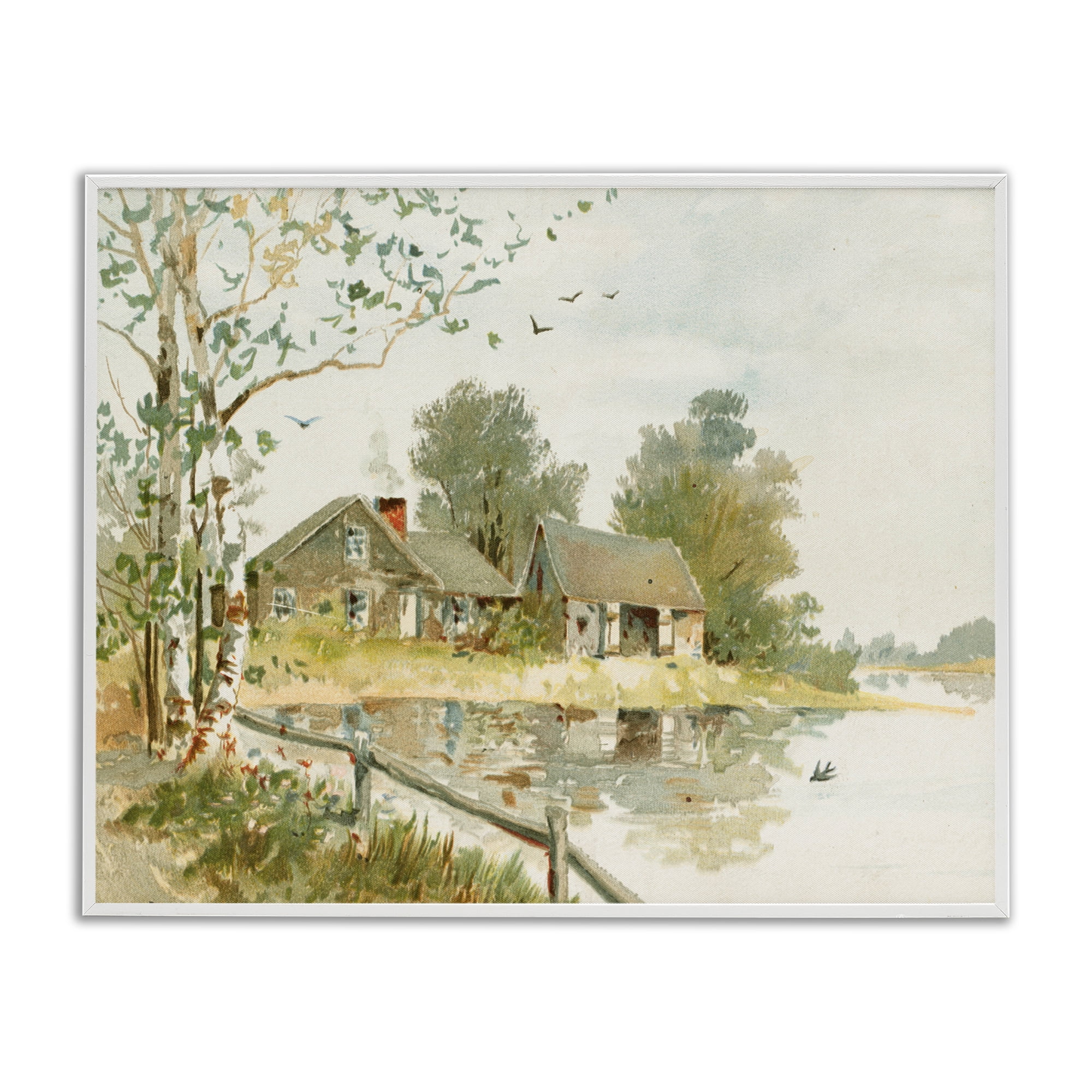 Cabin Along River's Edge White Framed Giclee Art, design by Lettered ...