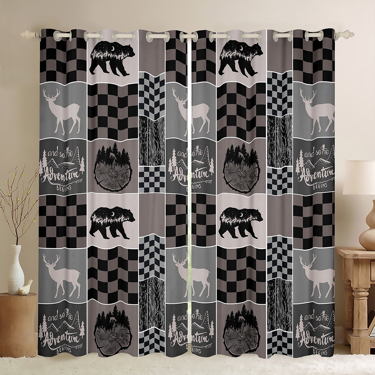 Cabin Bear Deer Blackout Curtains For Boys, Rustic Retro Country Animal ...