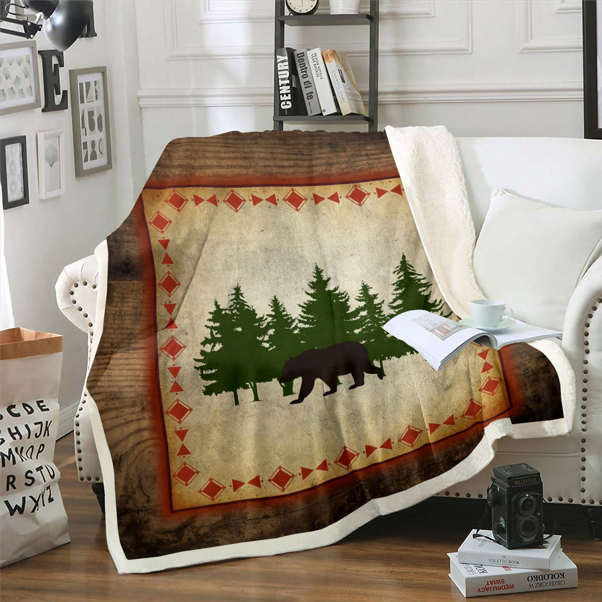 Cabin Bear Fleece Blanket 40"X50" Rustic Throw Blanket Bear Wildlife ...