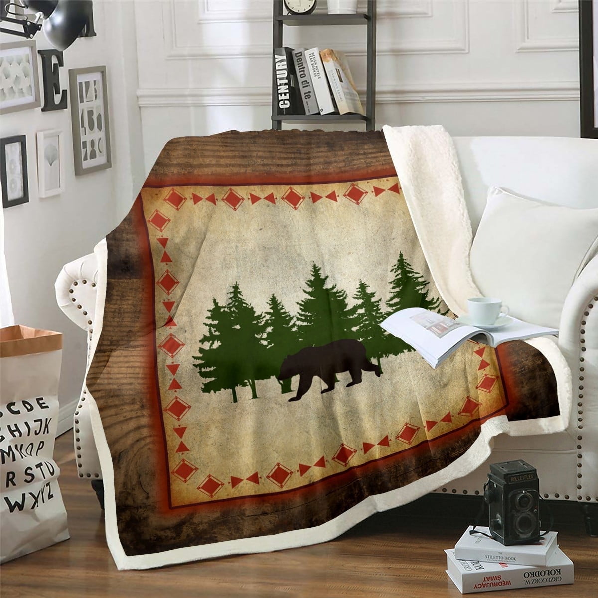 Cabin Bear Fleece Blanket Queen Size Rustic Throw Blanket Bear Wildlife Botanical Tree Pattern ...
