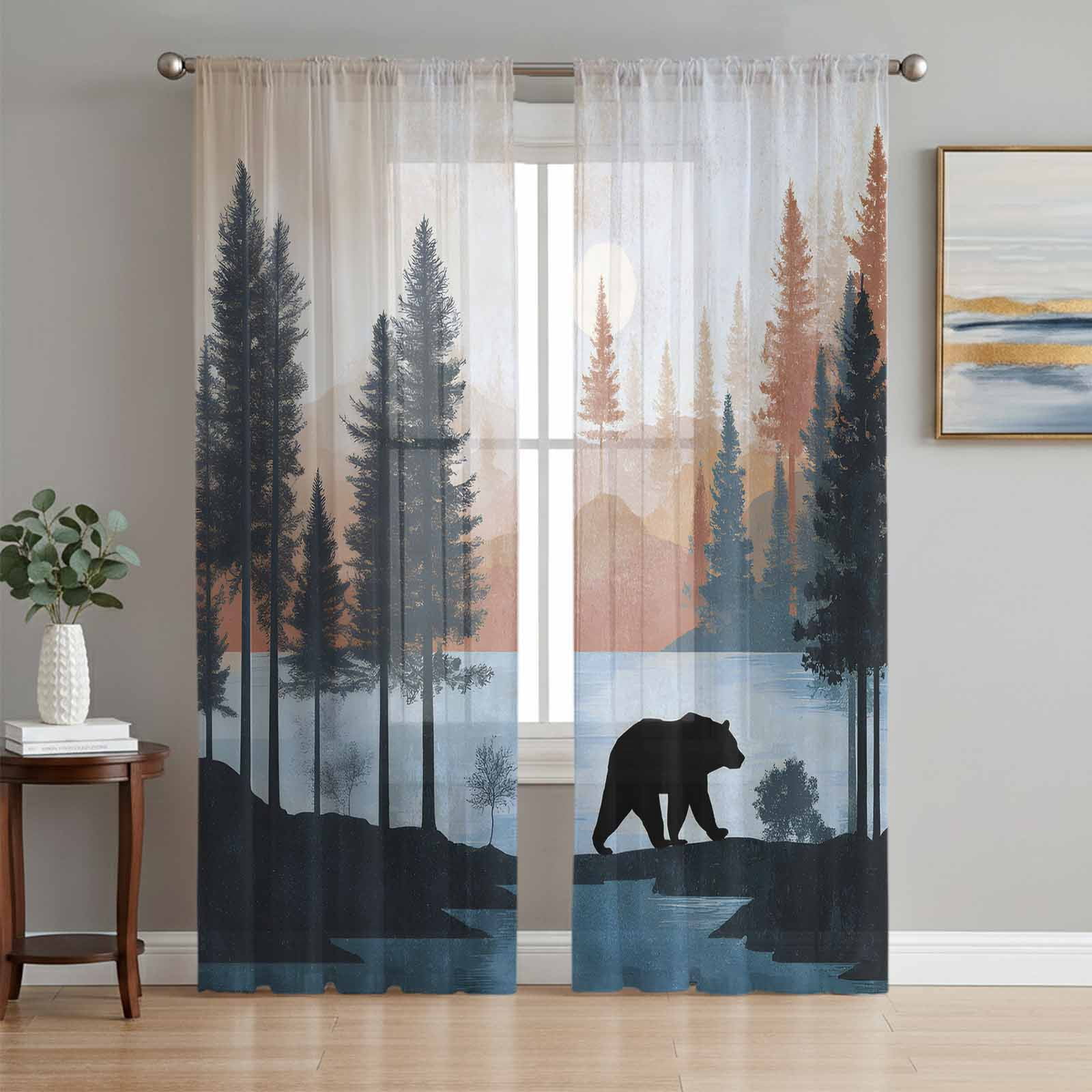 Cabin Bear Forest Sheer Curtains for Living Room Bedroom Farmhouse Lake ...