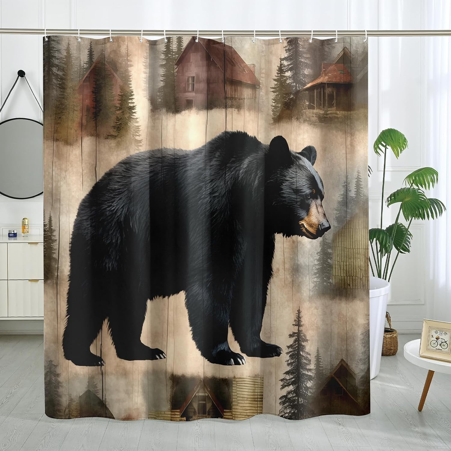 Cabin Bear Shower Curtain Vintage Hunting Lodge Shower Curtains Rustic ...