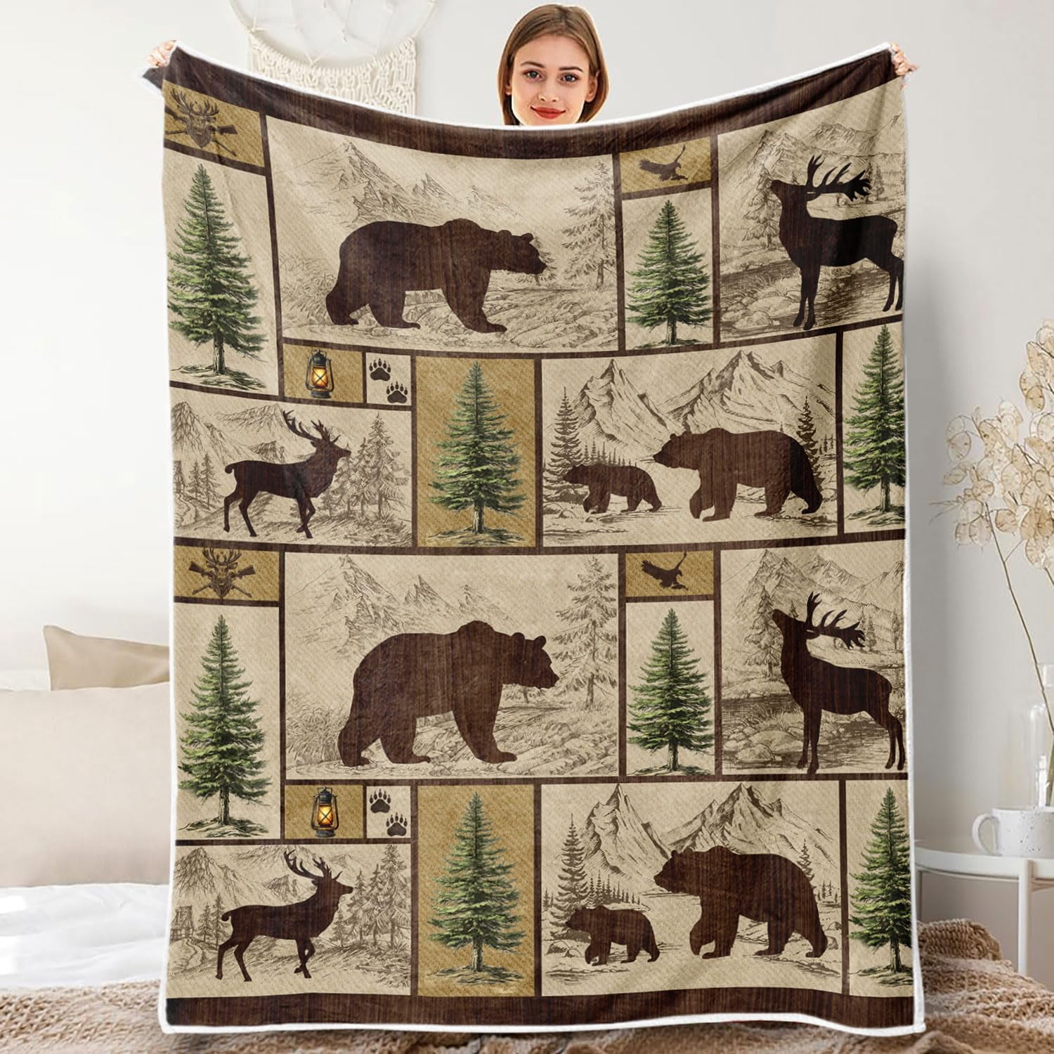 Cabin Bear Throw Blankets, Rustic Lodge Brown Wooden Country Hunting ...