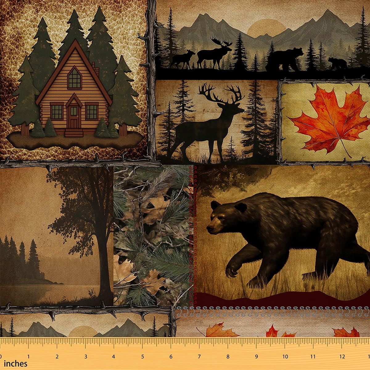 Cabin Bear Upholstery Fabric,Rustic Hunting Animal Fabric By The Yard,Retro Patchwork Wildlife ...