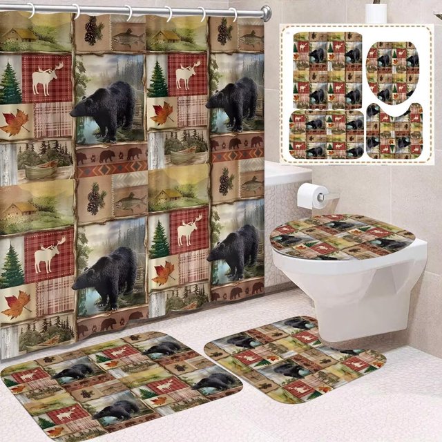 Cabin Bears Vintage Brown Shower Curtain Sets Country Animal Moose Bath ...