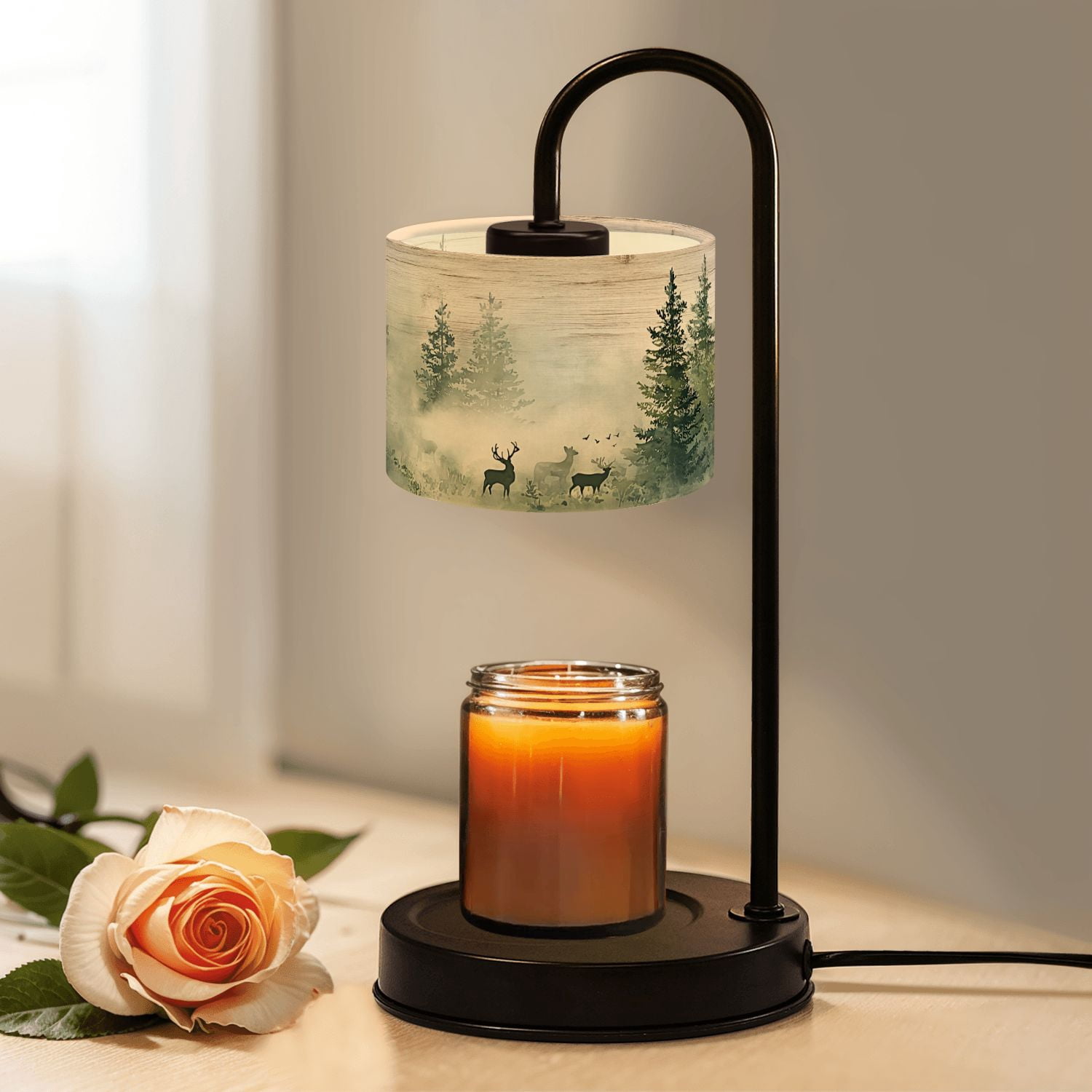 Cabin Candle Warmer Lamp with Timer Dimmer Foggy Forest Landscape Deer ...
