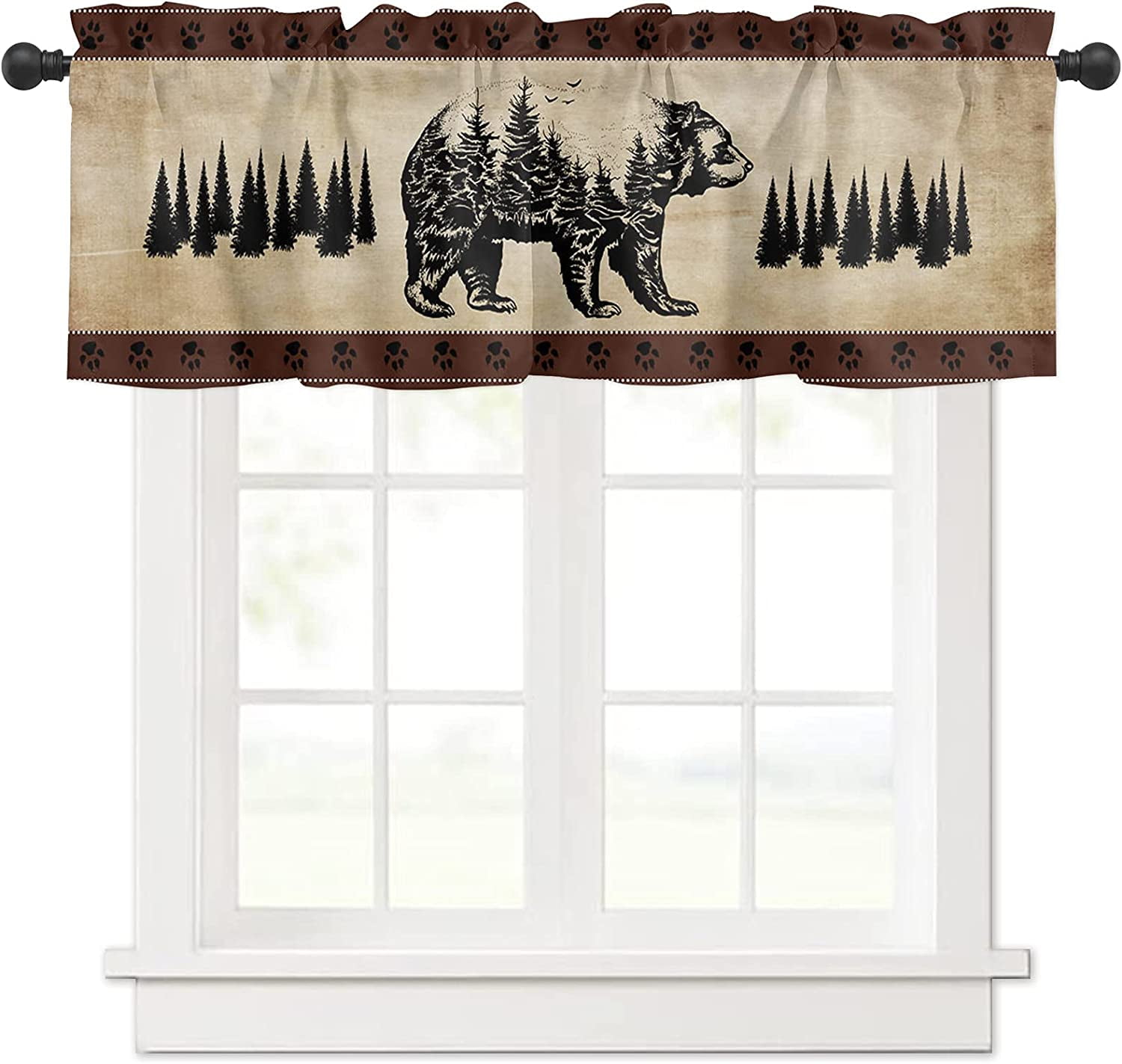 Cabin Curtain Valance for Windows Rustic Black Bear Vintage Pine Tree s ...