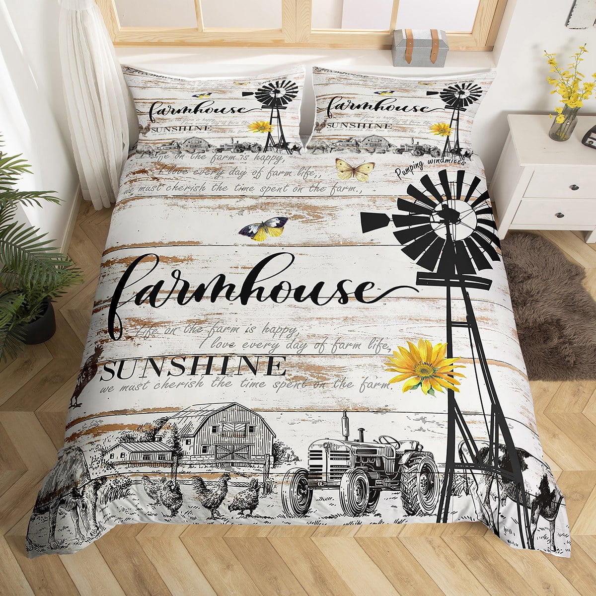 Cabin Decor Comforter Cover, Farmhouse Windmill Duvet Cover Rustic Cow ...