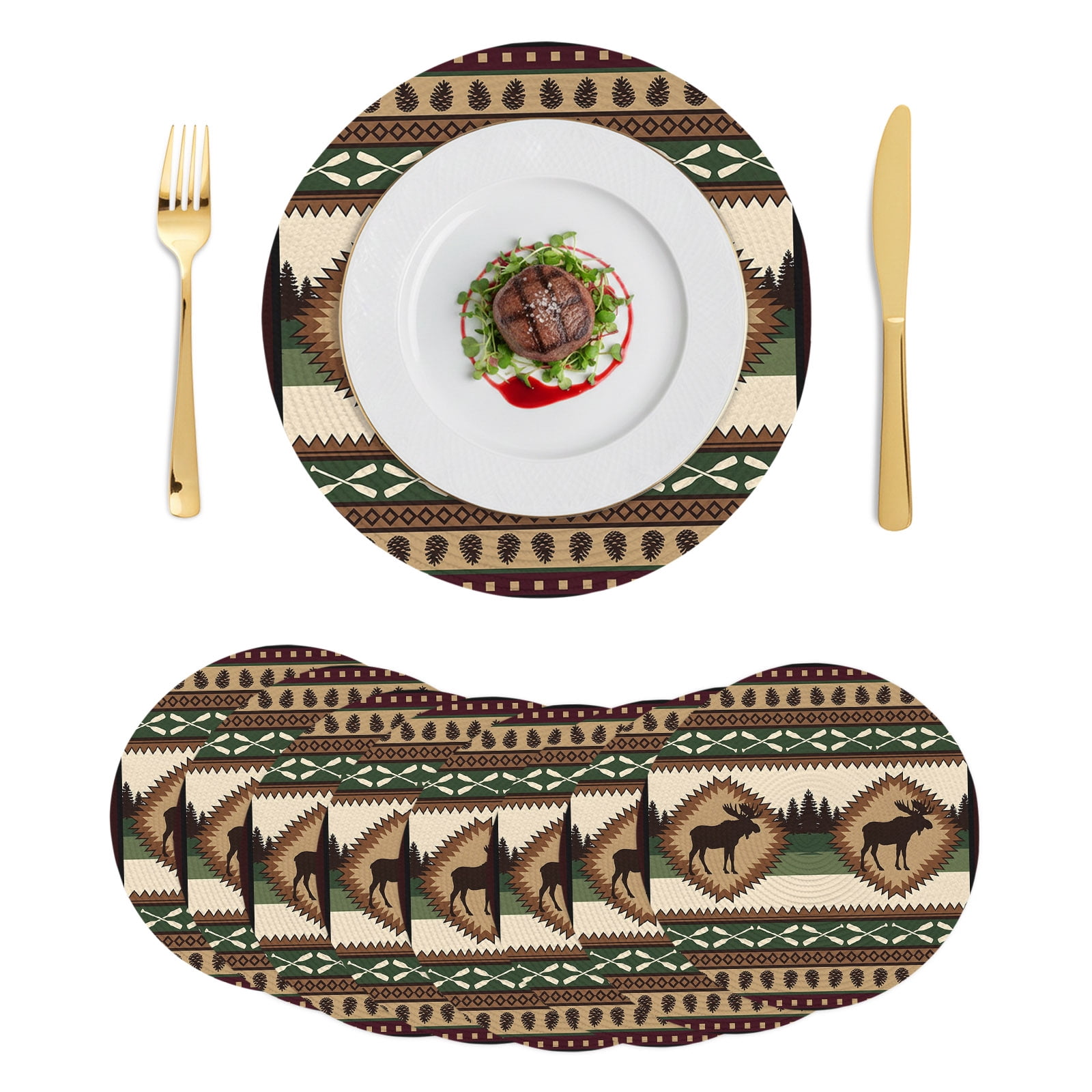 Cabin Elk Brown Round Placemats Set of 8 Lodge Ethnic Tribe Forest ...