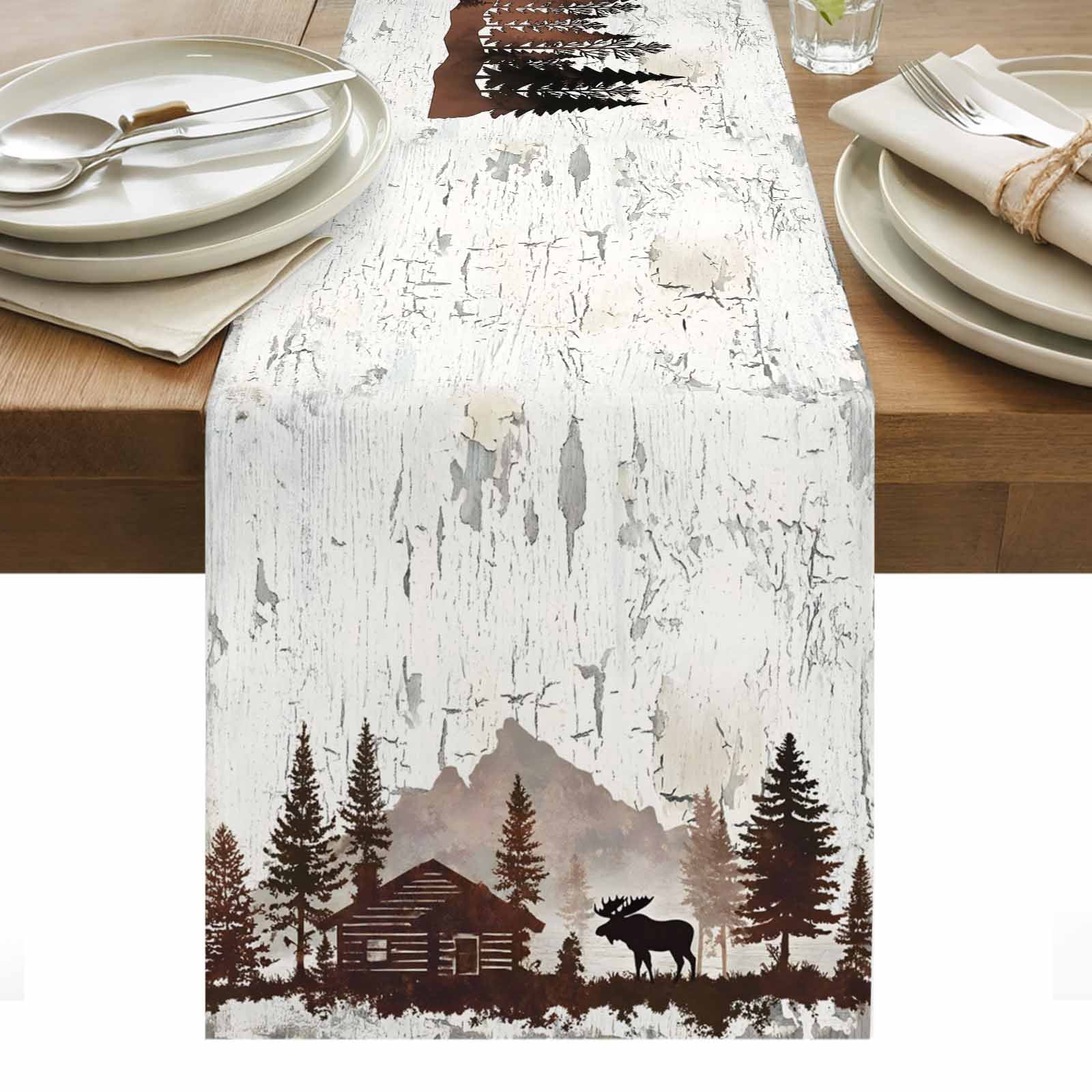 Cabin Elk Forest Table Runner Farmhouse Pine Tree Beige Vintage ...