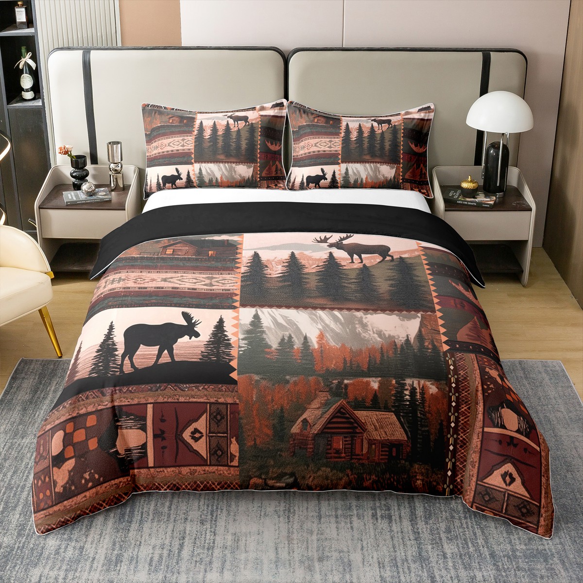 Cabin Hunting Deer Moose 100% Cotton Duvet Cover Twin for Kids Teens Adult,Patchwork Wild Animal ...