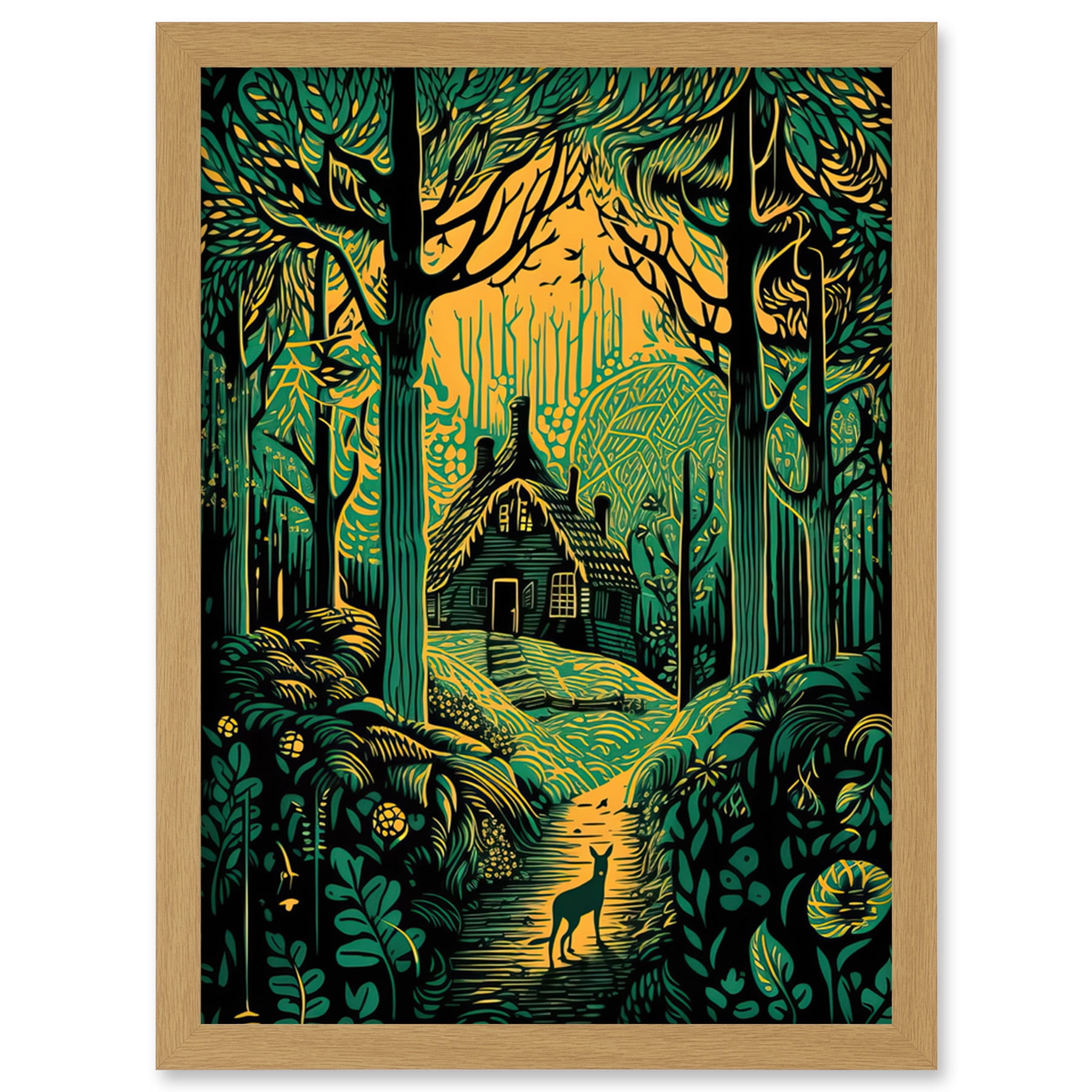 Cabin Hut in the Forest Green and Orange Linocut Artwork Framed Wall ...