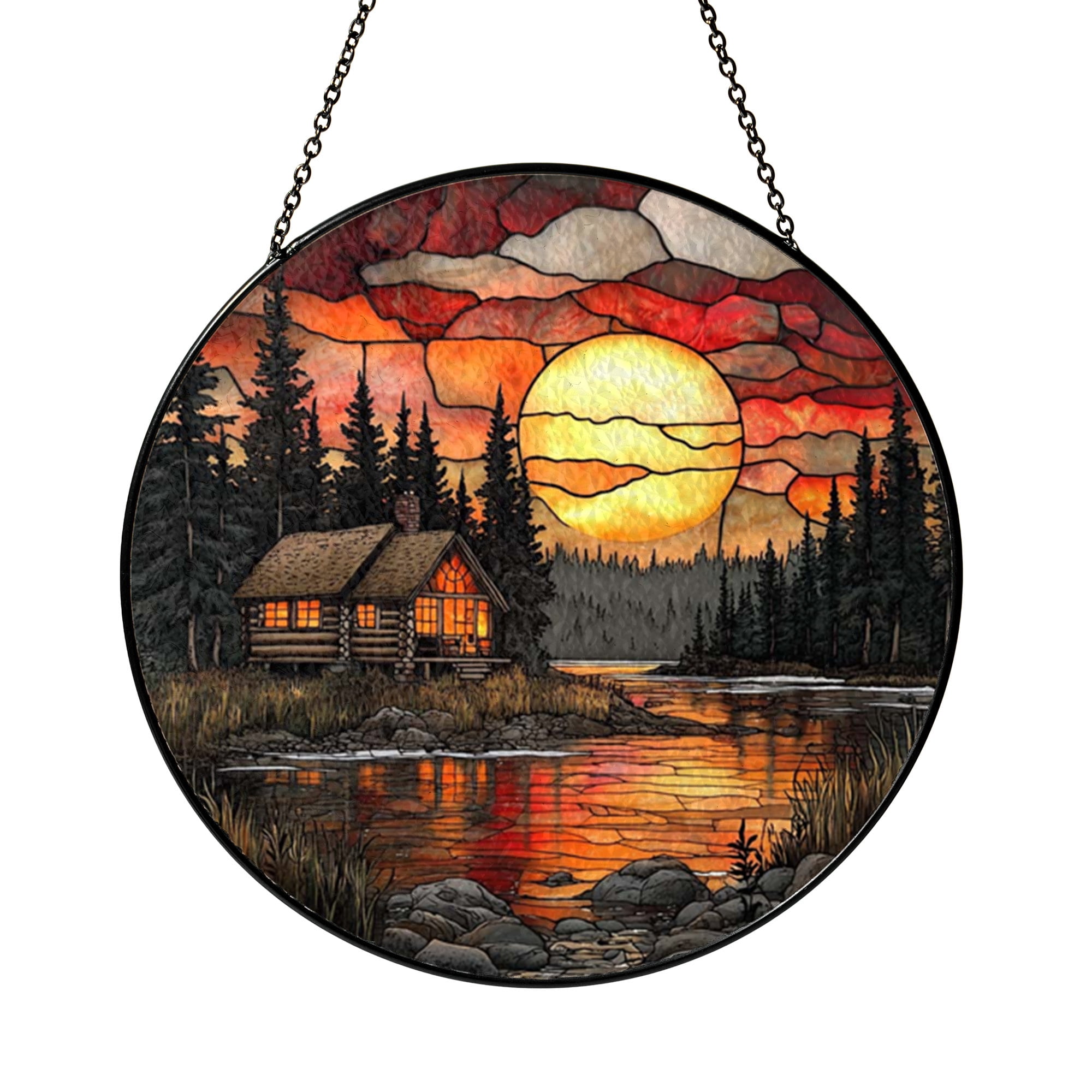 Cabin Landscape Window Suncatcher – Decorative Glass Style Nature Art ...