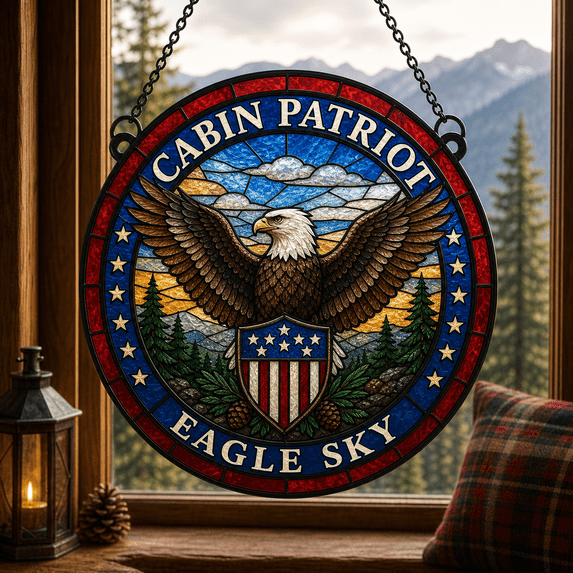 Cabin Patriot Stained Glass Suncatcher Window Hanging with Eagle and ...