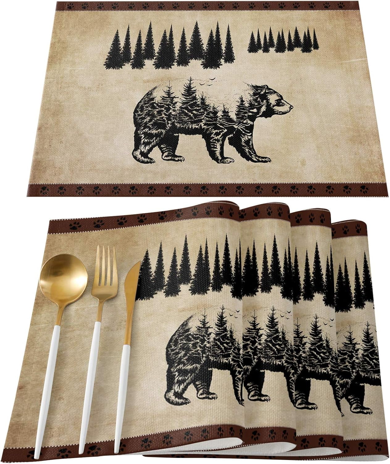 Cabin Placemats Vintage Black Bear Pine Tree Silhouettes Tablemats for ...