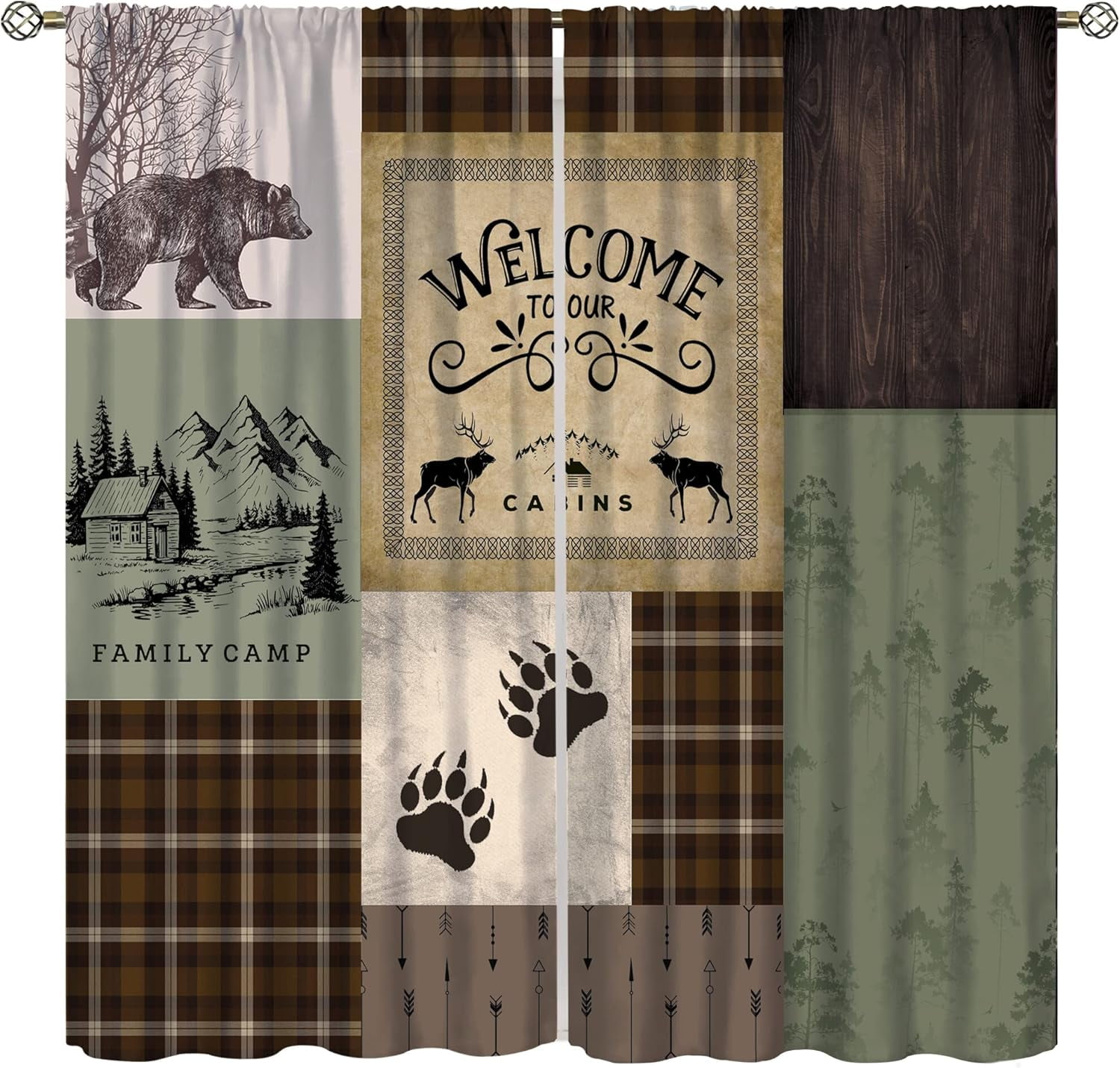 Cabin Retro Curtains Rustic Lodge Window Treatments, Bear Deer Moose ...
