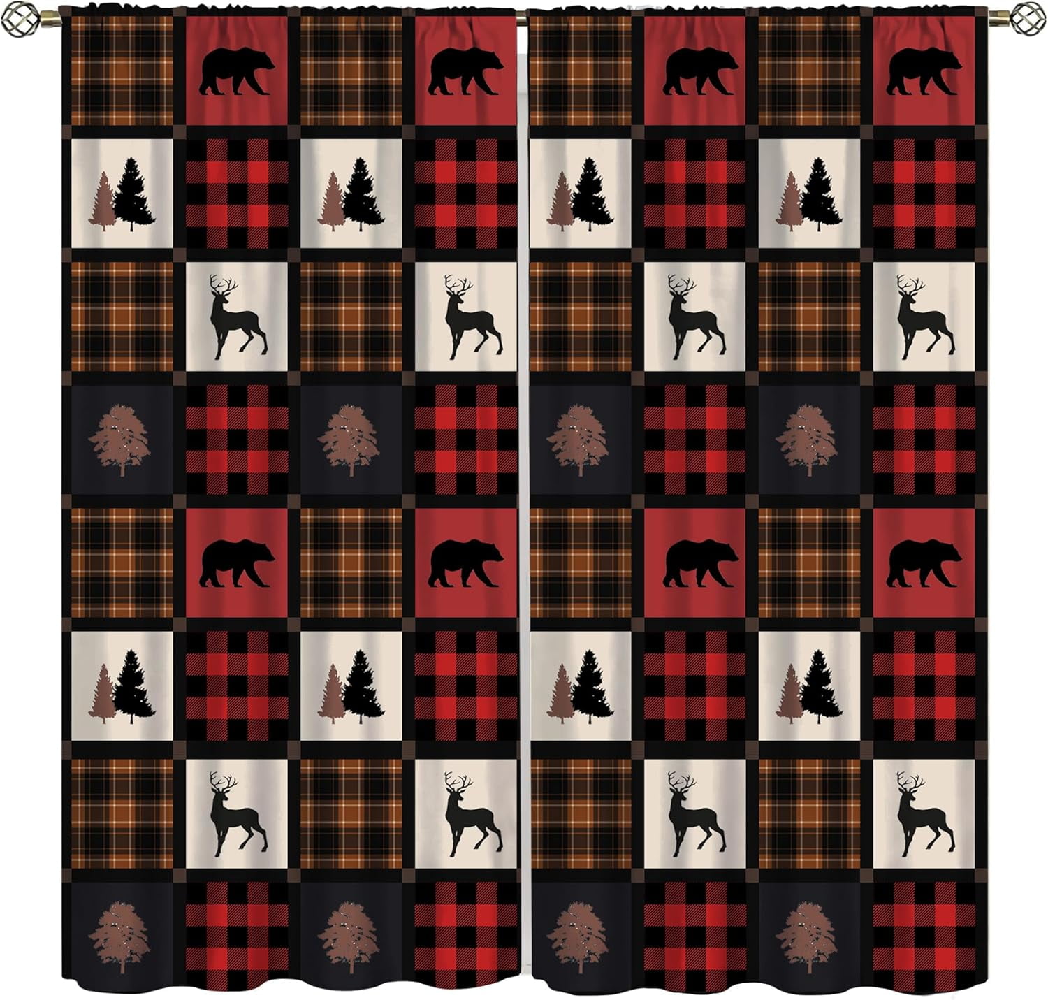 Cabin Retro Curtains Rustic Lodge Window Treatments, Bear Deer Moose ...
