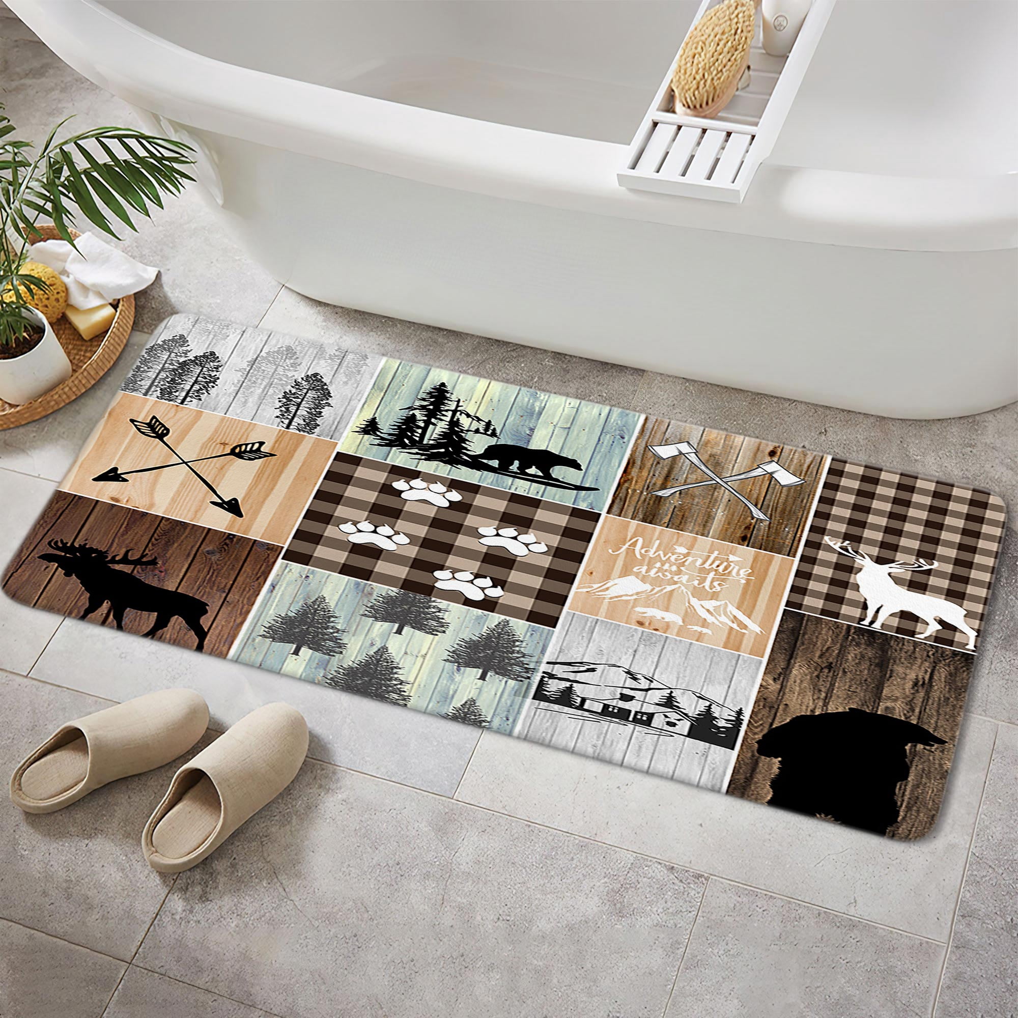 Cabin Retro Rustic Lodge Bathroom Rug Mat, Bear Deer Country Hunting ...