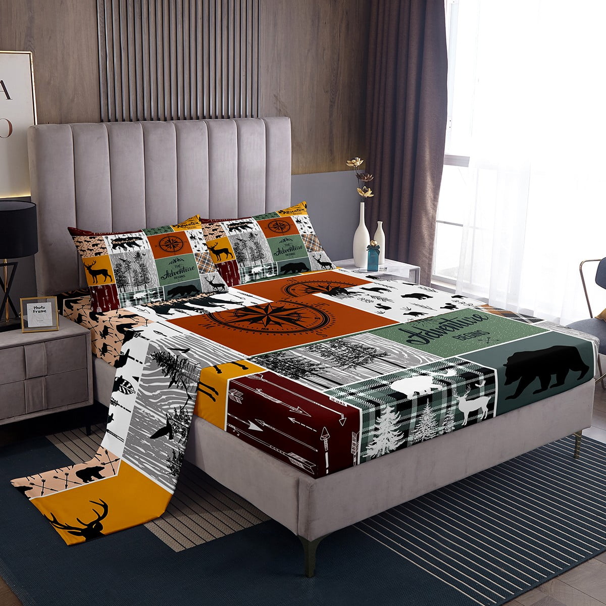 Cabin Retro Rustic Lodge Bed Sheets Set, Bear Deer Country Sheets Twin ...