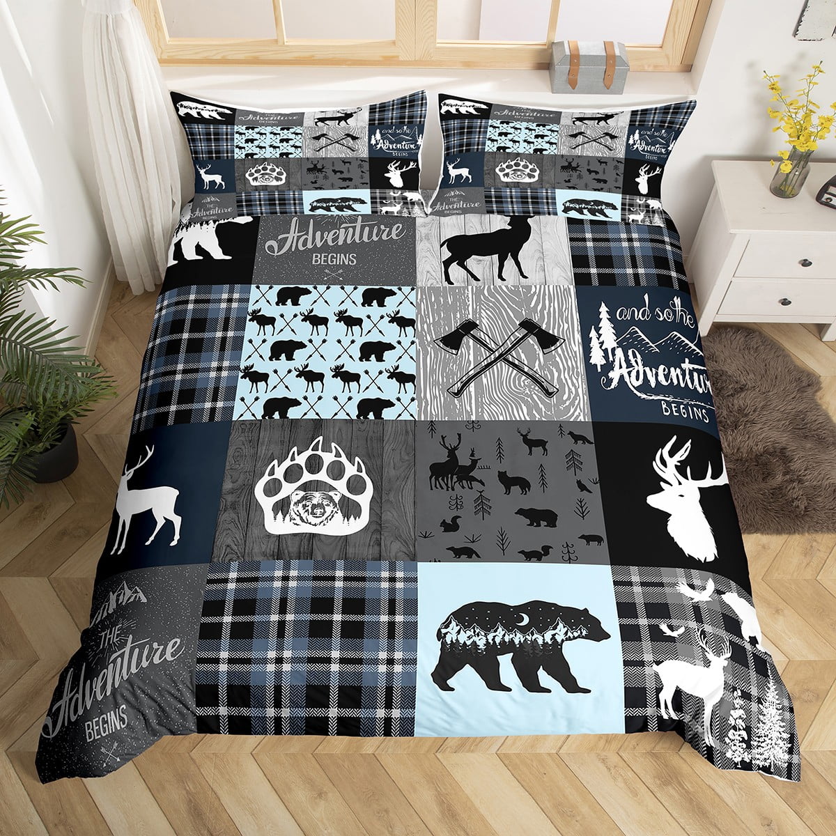 Cabin Retro Rustic Lodge Bedding Set Queen, Bear Deer Country Comforter ...