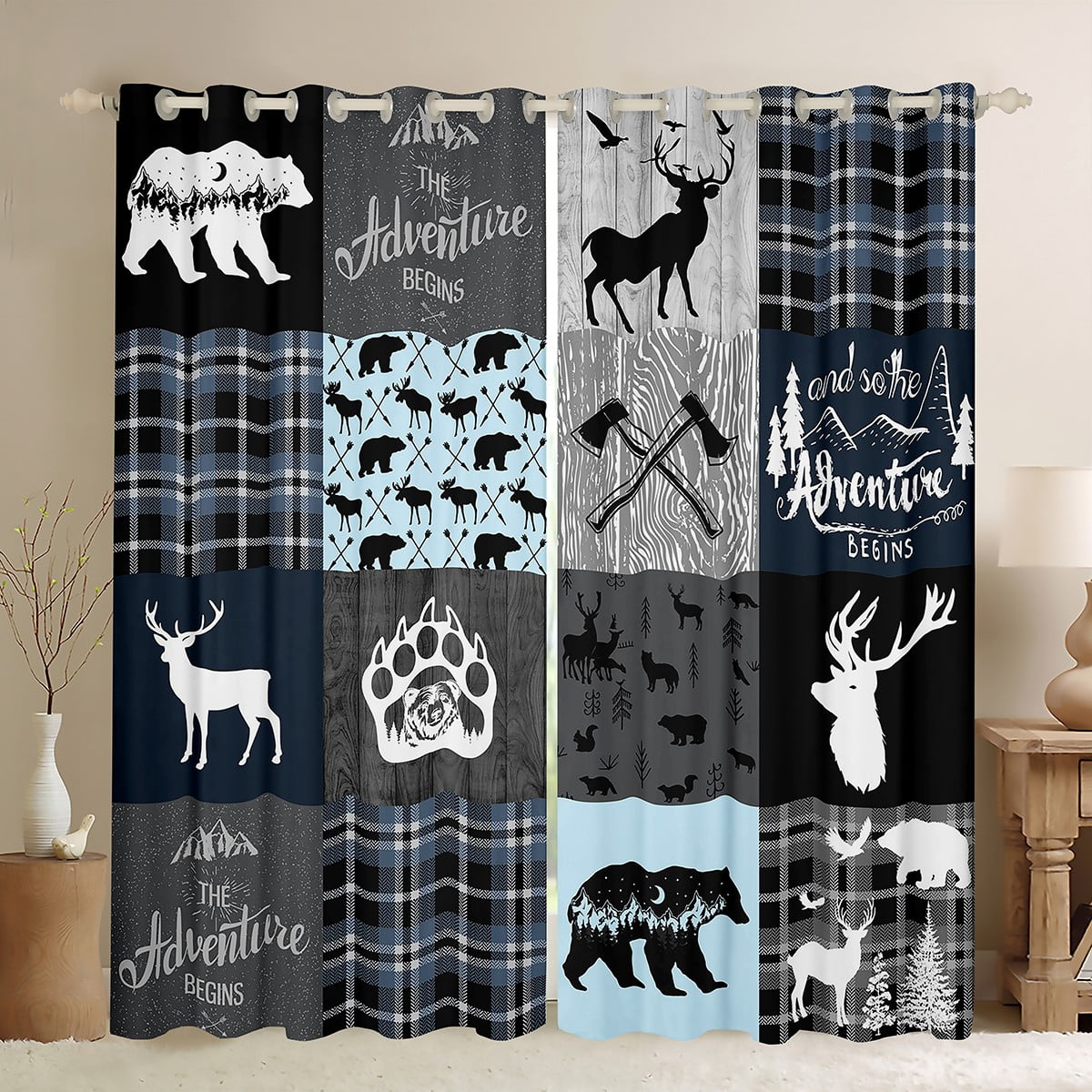 Cabin Retro Rustic Lodge Blackout Curtains, Bear Deer Country Curtains ...