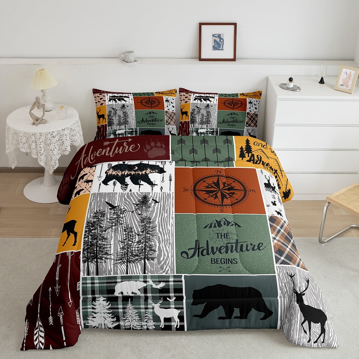 Cabin Retro Rustic Lodge Comforter Set, Bear Deer Country Bedding Queen ...