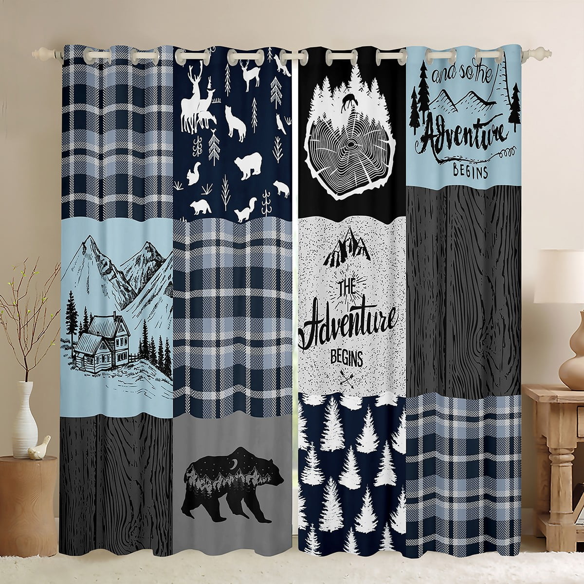 Cabin Retro Rustic Lodge Curtains & Drapes 42"Wx84"L 2 Panels, Bear ...