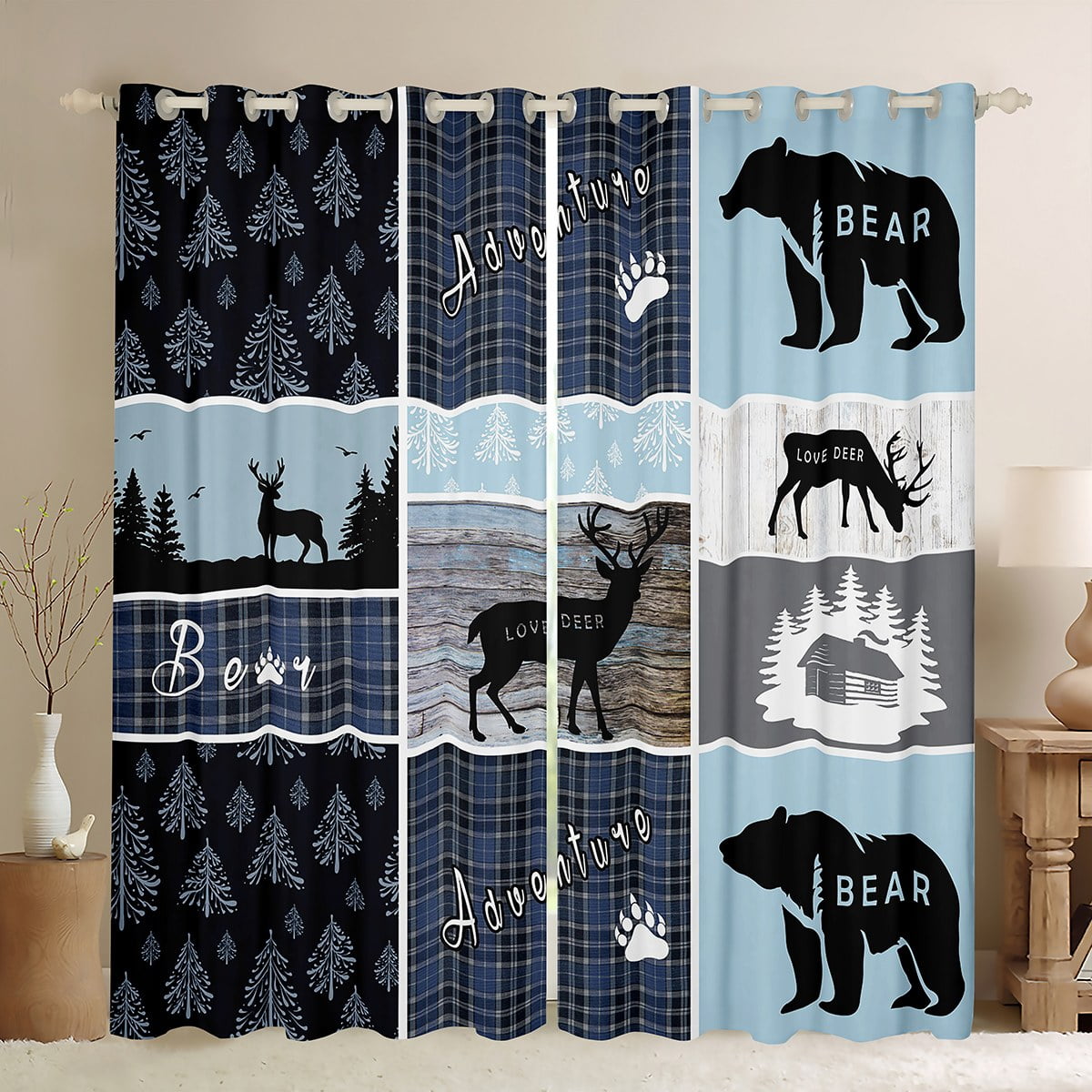 Cabin Rustic Blackout Curtains 52"Wx84"L, Bear Deer Woodland Animals ...