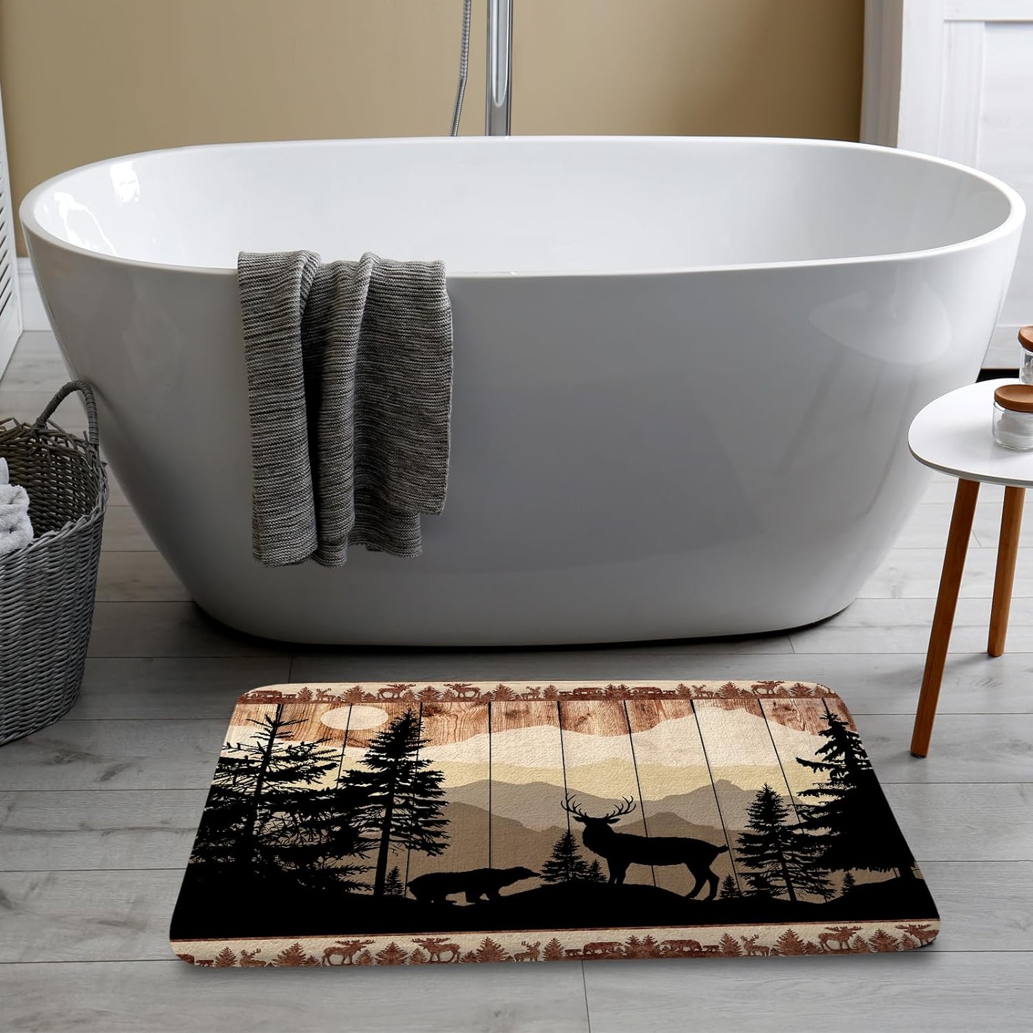 Cabin Rustic Deer Bath Rug, Rustic Bear Woodland Forest Print On ...