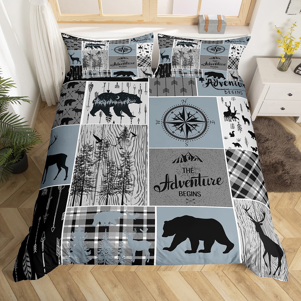 Cabin Rustic Lodge Duvet Cover, Bear Deer Vintage Bedding Set Twin Size ...