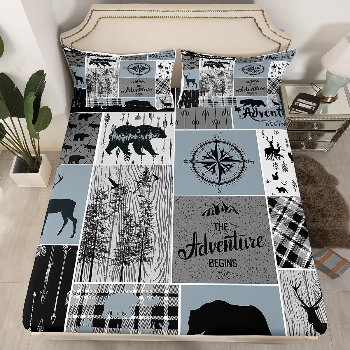 Cabin Rustic Lodge Fitted Sheet, Bear Deer Vintage Bedding Set Twin ...