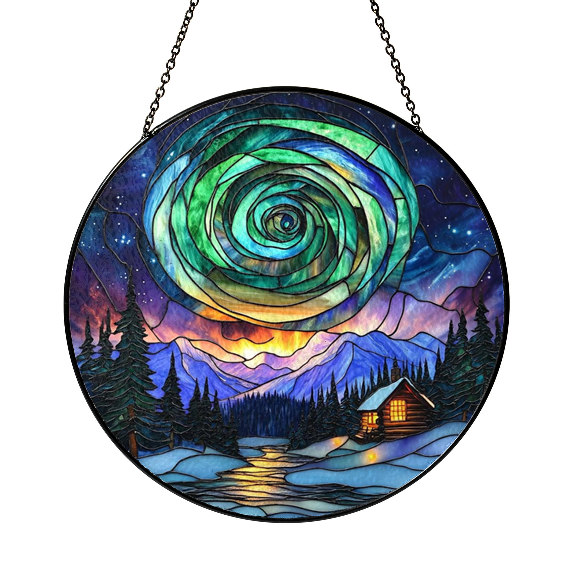 Cabin Style Arctic Sky Stained Glass – Winter Night Window Hanging ...