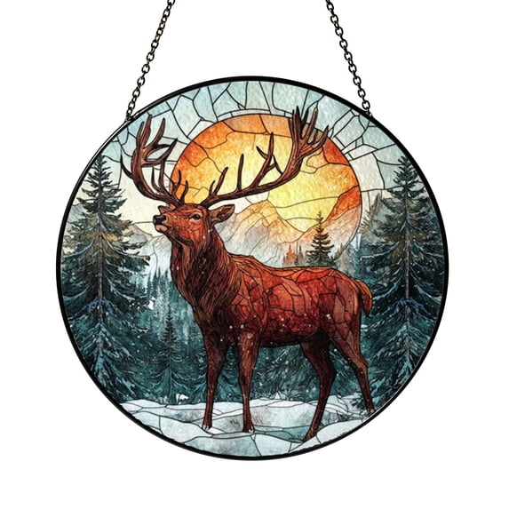 Cabin Style Deer Winter Landscape Stained Glass Suncatcher, Window ...
