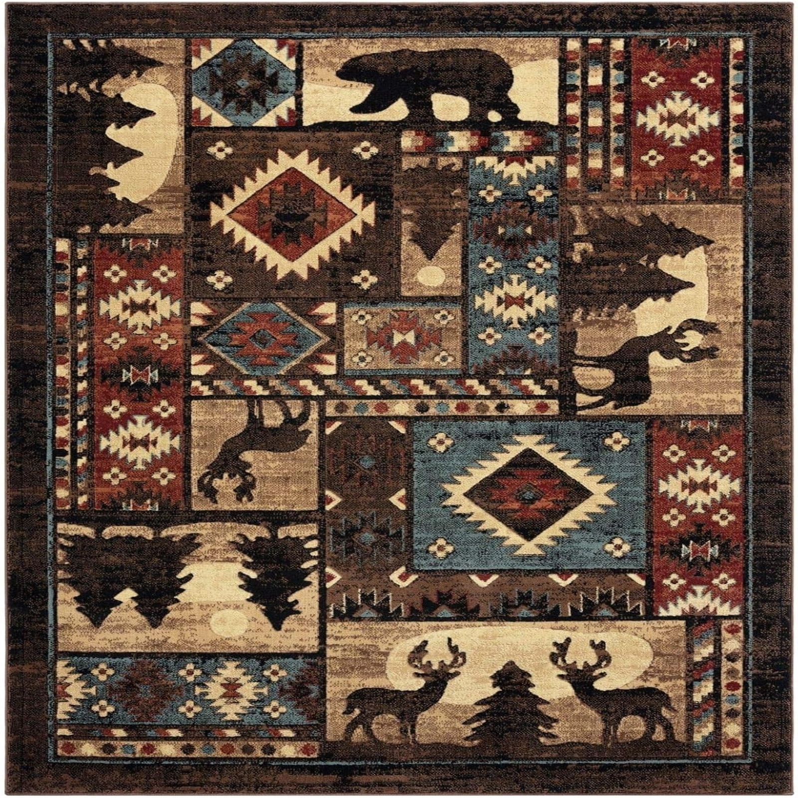 Cabin Style Rustic Western Area Rug, Bear Elk Wildlife Vintage Rugs Non ...