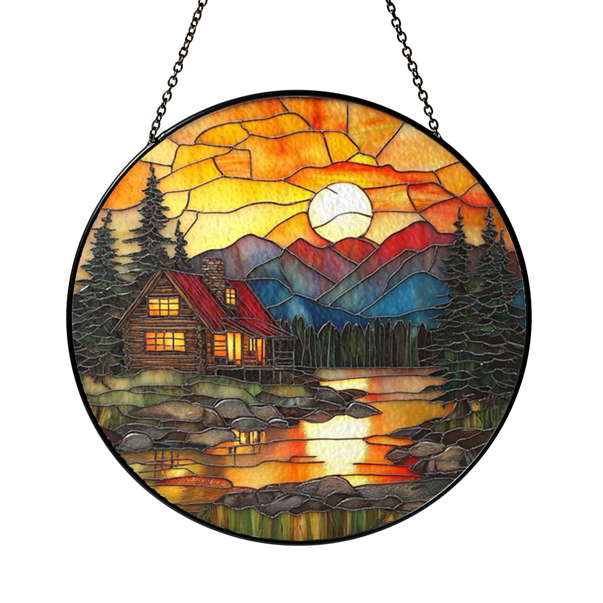 Cabin Sunset Stained Glass Style Suncatcher, Fantasy Lakeside Forest ...